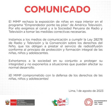 Ministerio De La Mujer Exige A La Sociedad Peruana De Radio Y Televisión Sancionar Al Programa