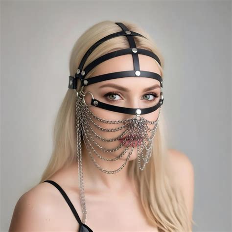 Womens Chain Detailed Vegan Leather Face Mask Gothic Fashion