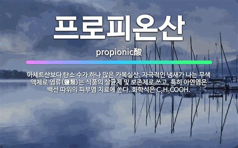 🌟프로피온산 아세트산보다 탄소 수가 하나 많은 카복실산 자극적인 냄새가 나는 무색 액체로 염류鹽類는 표준국어대사전