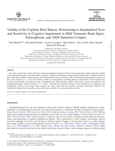 Pdf Validity Of The Cogstate Brief Battery Relationship To Standardized Tests And Sensitivity