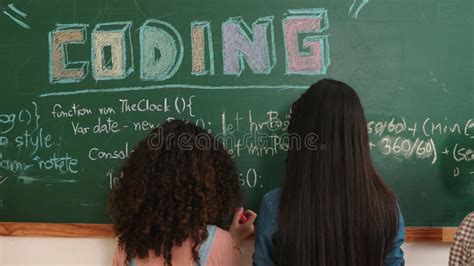 Back View Of Smart Student Writing Coding Engineering Prompt At Board Pedagogy Stock Image