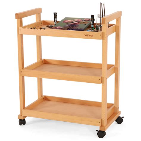 Viswin 37 H Wood Storage Rolling Cart Solid Beech Wood 3 Tier Rolling