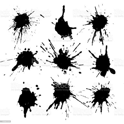 벡터 흑백 잉크 스플래시 얼룩 및 브러시 스트로크 스팟 스프레이 얼룩 스패터 스플래터 물방울 드롭 잉크 방울 그런지 질감 요소