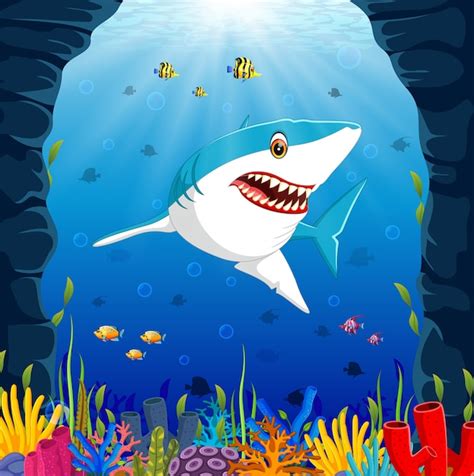 Tiburón de dibujos animados bajo el mar Vector Premium
