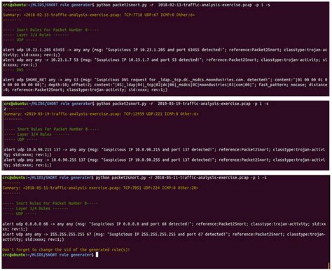 a demonstration of auto generated snort rules using various pcap files