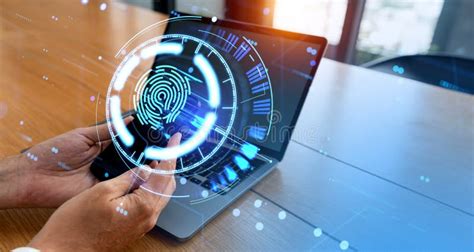 Man Hands With Phone And Laptop Fingerprint Interface Stock Image Image Of Hologram