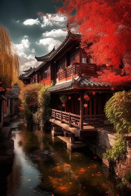 Premium Ai Image A Chinese Style Building With A Bridge In The Background