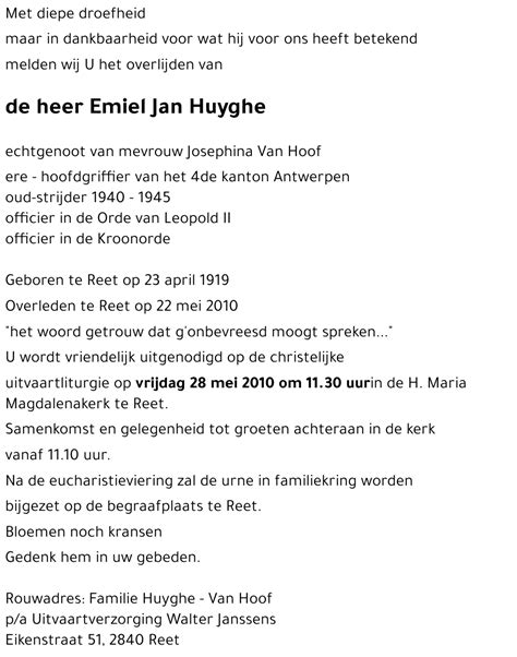 Avis De Décès De Emiel Jan Huyghe Décédé Le 22 05 2010 à Reet Annonce Condoléances Fleurs