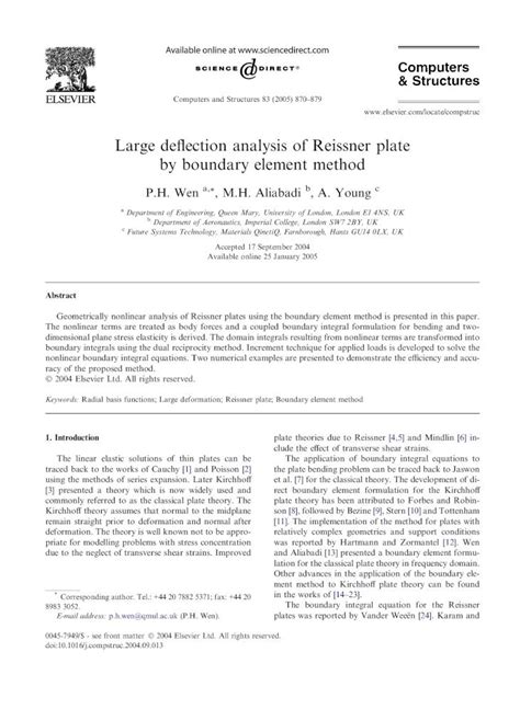 Pdf Large Deflection Analysis Of Reissner Plate By Boundary Element