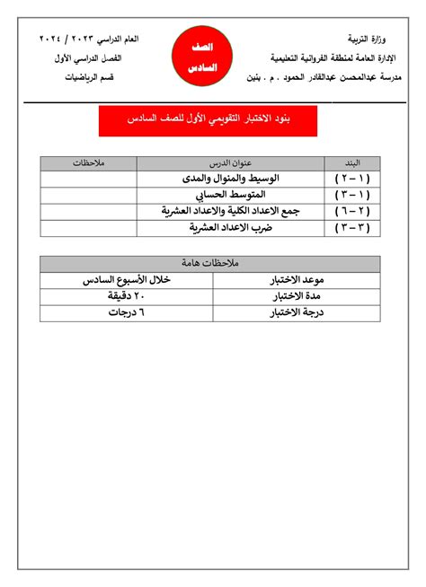 نماذج للاختبار التقويمي1 رياضيات سادس فصل أول م عبدالمحسن الحمود 2023