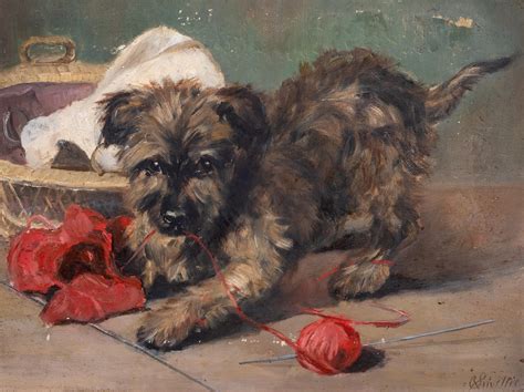 Unknown Portrait Of A Carin Terrier Puppy Playing 19th Century By