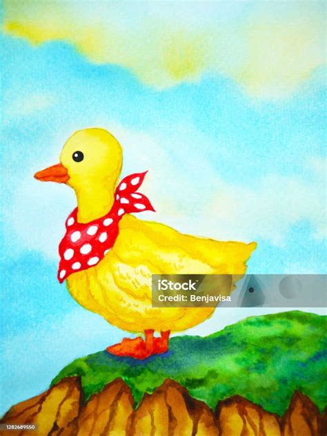 노란 작은 오리 빨간 스카프 만화 드로잉 수채화 그림 일러스트 디자인 개인 장식품에 대한 스톡 벡터 아트 및 기타 이미지