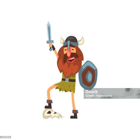 칼과 방패 중세 만화 문자 벡터 일러스트와 함께 승리를 축 하 하는 바이킹 귀여운에 대한 스톡 벡터 아트 및 기타 이미지