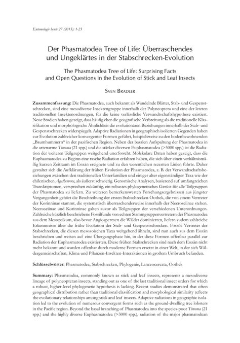 Pdf Der Phasmatodea Tree Of Life Überraschendes Und Ungeklärtes In