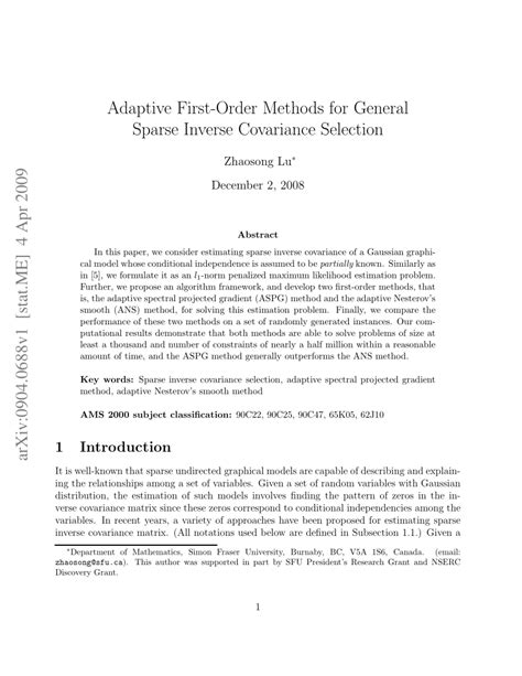 Pdf Adaptive First Order Methods For General Sparse Inverse Covariance Selection
