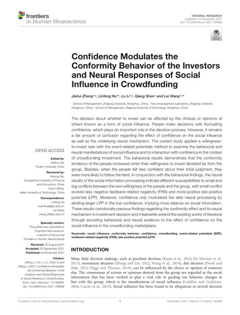 Pdf Confidence Modulates The Conformity Behavior Of The Investors And Neural Responses Of