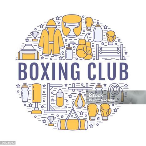 권투 포스터 템플릿입니다 벡터 스포츠 훈련 선 아이콘 장비원형 그림 Punchbag 권투 장갑 반지 무거운 가방 박스 클럽 배너