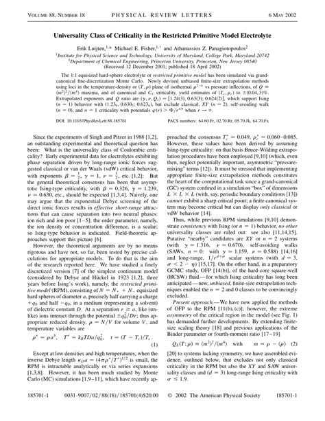 Pdf Universality Class Of Criticality In The Restricted Primitive Model Electrolyte