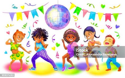 행복한 다문화 소년과 소녀가 춤을 추고 어린이 파티에서 즐거운 시간을 보내고 있습니다 축하 개념 어린이 댄스 파티 디자인 카드 초대장 포스터 티셔츠에 대 한 고립 된 수채화