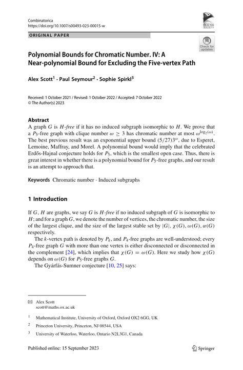 Pdf Polynomial Bounds For Chromatic Number Iv A Near Polynomial Bound For Excluding The Five