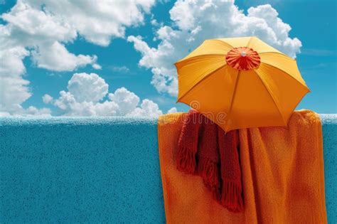 Colorful Bright Beach Towel And Umbrella On Sky Background Ai