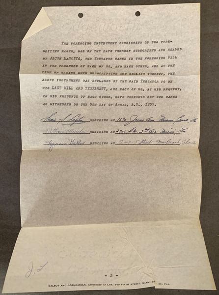 Lamotta Jake Signed Last Will And Testament 1957 Jo Sports Inc