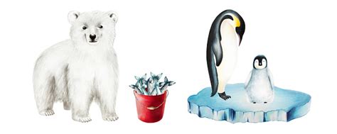 얼음 빙원에 있는 수채화 킹 펭귄 가족 북극곰 고립된 물고기 양동이 현실적인 북극과 남극 해양 포유류를 손으로 그립니다 디자이너 장식 엽서 포장지 스크랩북 표지 로고 초대장