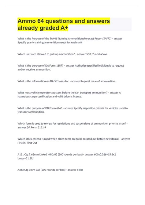 Ammo 64 Questions And Answers Already Graded A Ammo Handler Stuvia Us