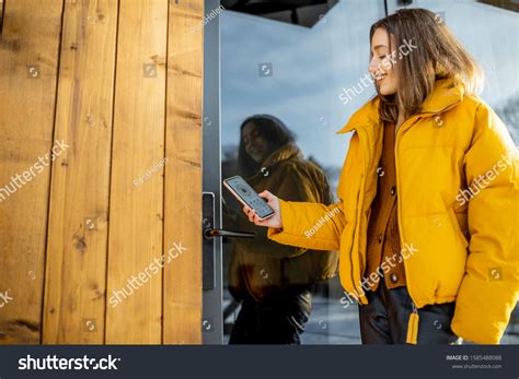 Woman Locking Smartlock On Entrance Door Stock Photo Shutterstock