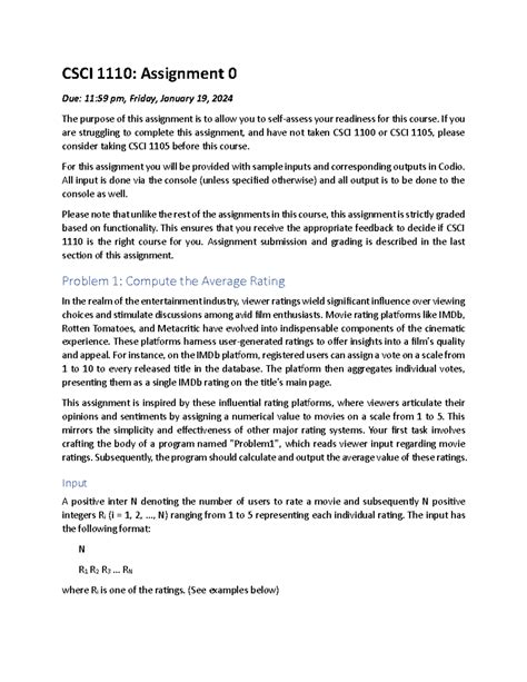 Csci1110 24w A0 Cisci Csci 1110 Assignment 0 Due 11 59 Pm Friday January 19 2024 The