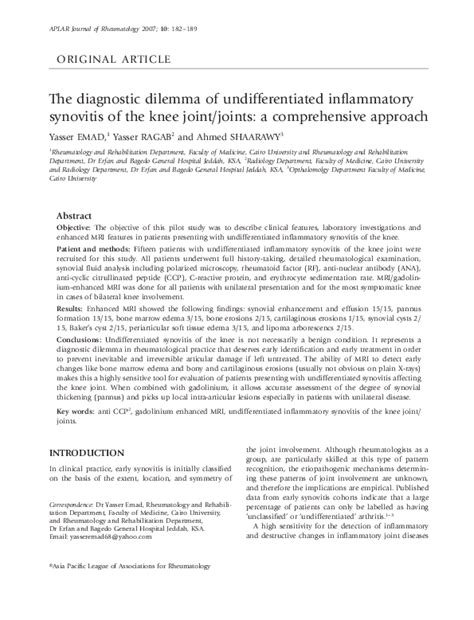 Pdf Mri Insights Into Undifferentiated Knee Synovitis