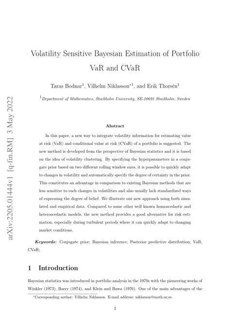 PDF Volatility Sensitive Bayesian Estimation Of Portfolio VaR And CVaR