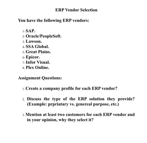 Solved ERP Vendor Selection You Have The Following ERP Chegg Com
