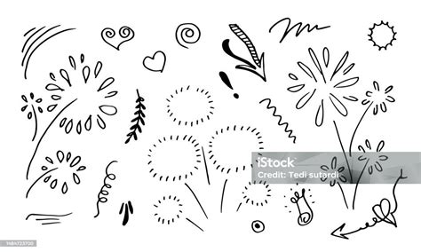 손으로 그린 세트 요소 흰색 Backgroundarrow 나뭇잎 말풍선 하트 빛 왕 강조 소용돌이 컨셉 디자인 Starburst Bush에 대한 스톡 벡터 아트 및 기타