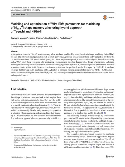 Modeling And Optimization Of Wire Edm Parameters For Machining Of Ni Ti Shape Memory Alloy Using