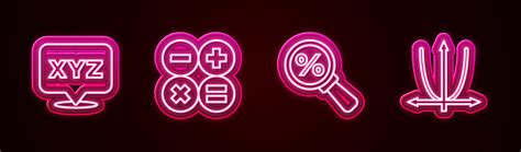 선 Xyz 좌표계 계산기 백분율 및 그래프 일정 차트 다이어그램이 있는 돋보기를 설정합니다 빛나는 네온 아이콘입니다 벡터 0명에