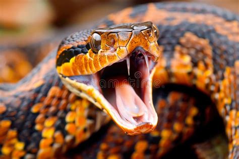 Snake With Open Mouth And Fangs Bared Showing Its Aggressive And
