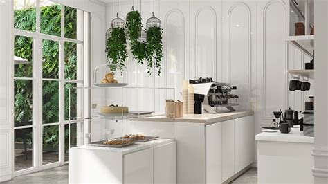 야외 녹색 나무 단풍 정원 유리창 에스프레소 머신이 있는 카운터 케이크 디스플레이 냉장고 햇빛이 비치는 흰색 웨인스콧 벽과