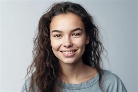Premium Ai Image Portrait Of Authentic Happy Woman Without Makeup Smiling At Camera Standing
