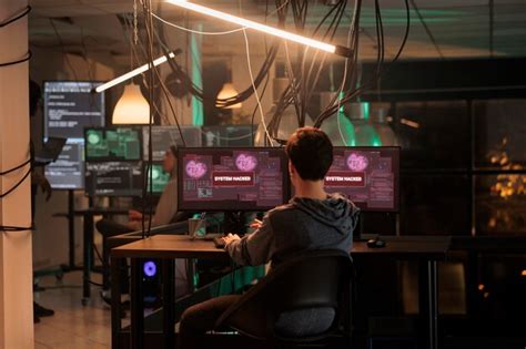 Premium Photo Professional Spy Breaking Into Computer System And Hacking Bank Account Using