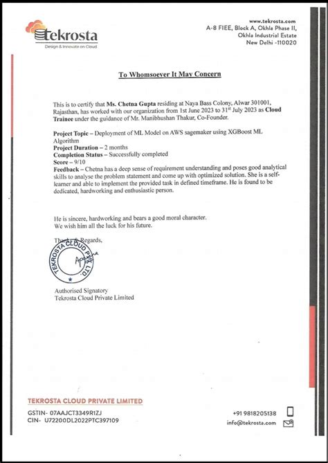 Tekrosta Cloud Private Limited On Linkedin Congrats Chetna🎉