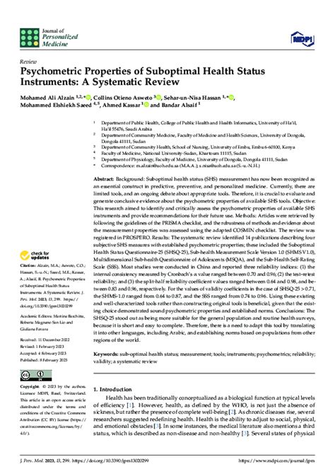 pdf psychometric properties of suboptimal health status instruments