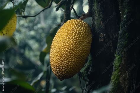 a mature jackfruit dangles from a tree in a lush balinese forest