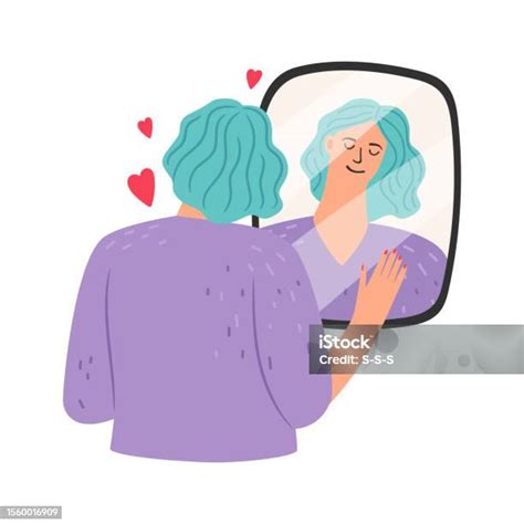 자기 수용 개념 자신을 사랑하십시오 거울을 보고 있는 행복한 아름 다운 여자입니다 건강한 자기 인식을 가진 젊은 여성 자존감