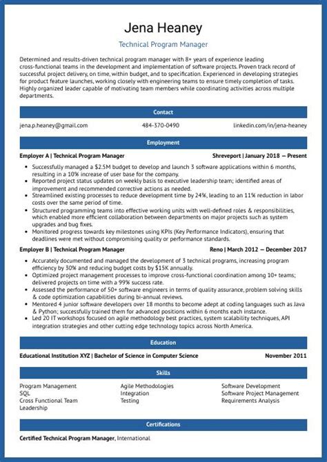 Technical Program Manager Resume CV Example And Writing Guide