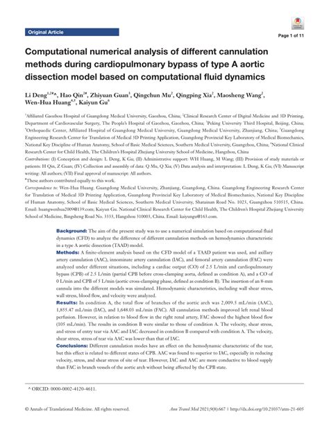 Pdf Computational Numerical Analysis Of Different Cannulation Methods During Cardiopulmonary