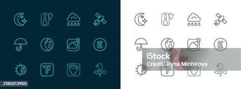 라인 위성 화씨 일기 예보 앱 토네이도 달의 위상 비가 내리는 구름 별과 온도계 아이콘을 설정합니다 벡터 Gui 위젯에 대한 스톡 벡터 아트 및 기타 이미지 Istock