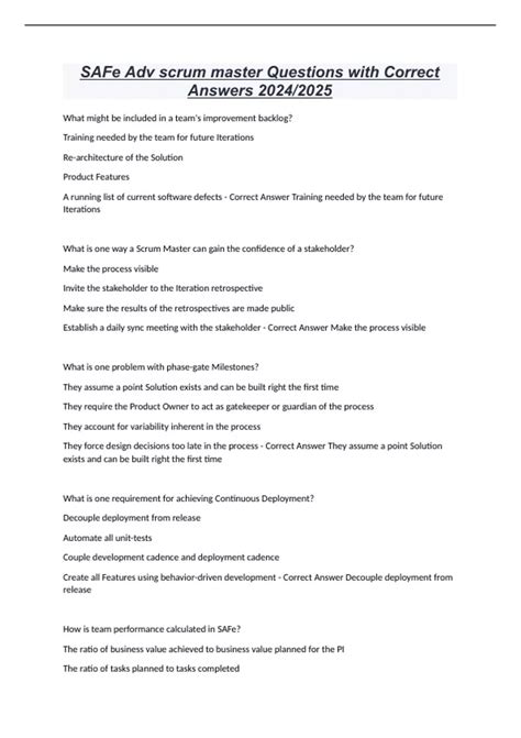 Safe Adv Scrum Master Questions With Correct Answers 2024 2025 Safe Adv Scrum Master Stuvia Us