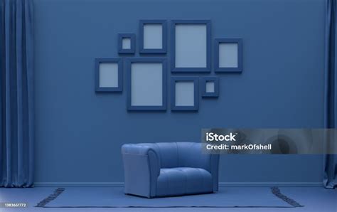 현대적인 인테리어 평면 어두운 파란색 객실 단일 의자 식물없이 포스터 프리젠 테이션벽에 8 프레임 갤러리 벽 템플릿 3d 렌더링 0명에 대한 스톡 사진 및 기타 이미지