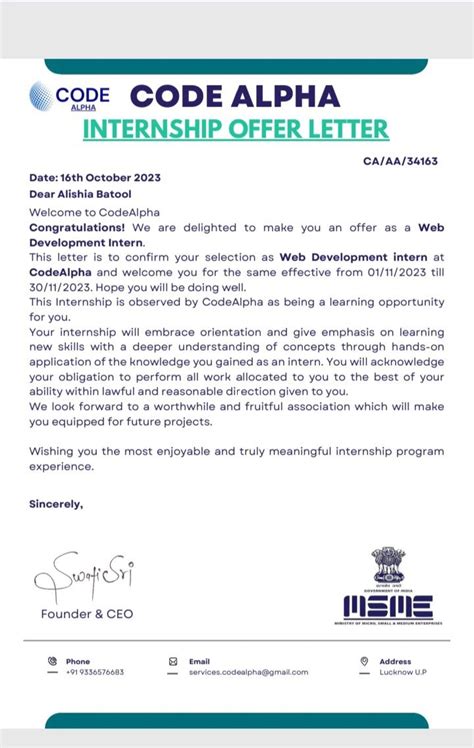 alishia batool on linkedin codealpha internship offer letter